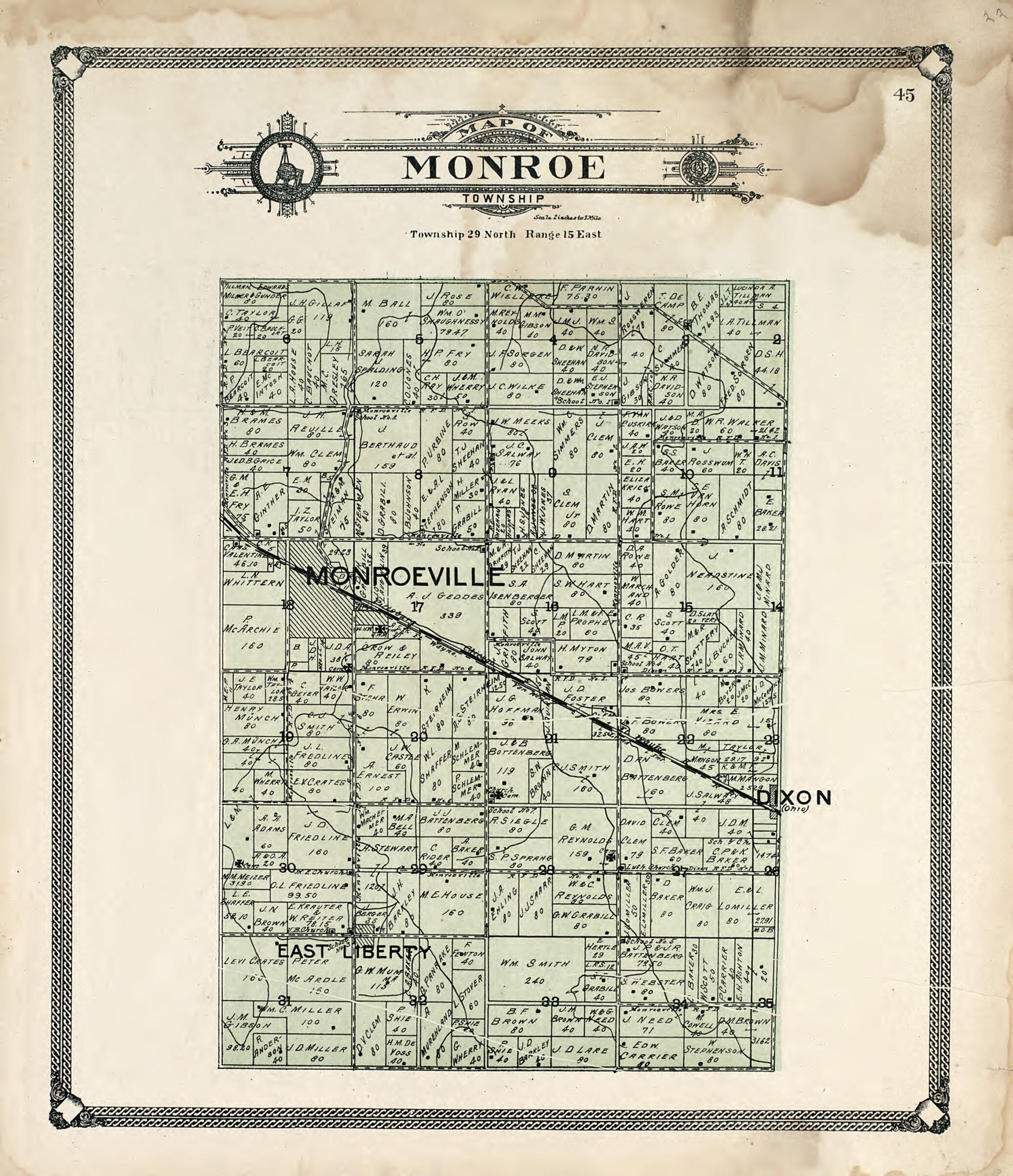 Map of Monroe Township from Plat Book of Allen County, Indiana. from 1907 Old Map Print (18.2 in ...