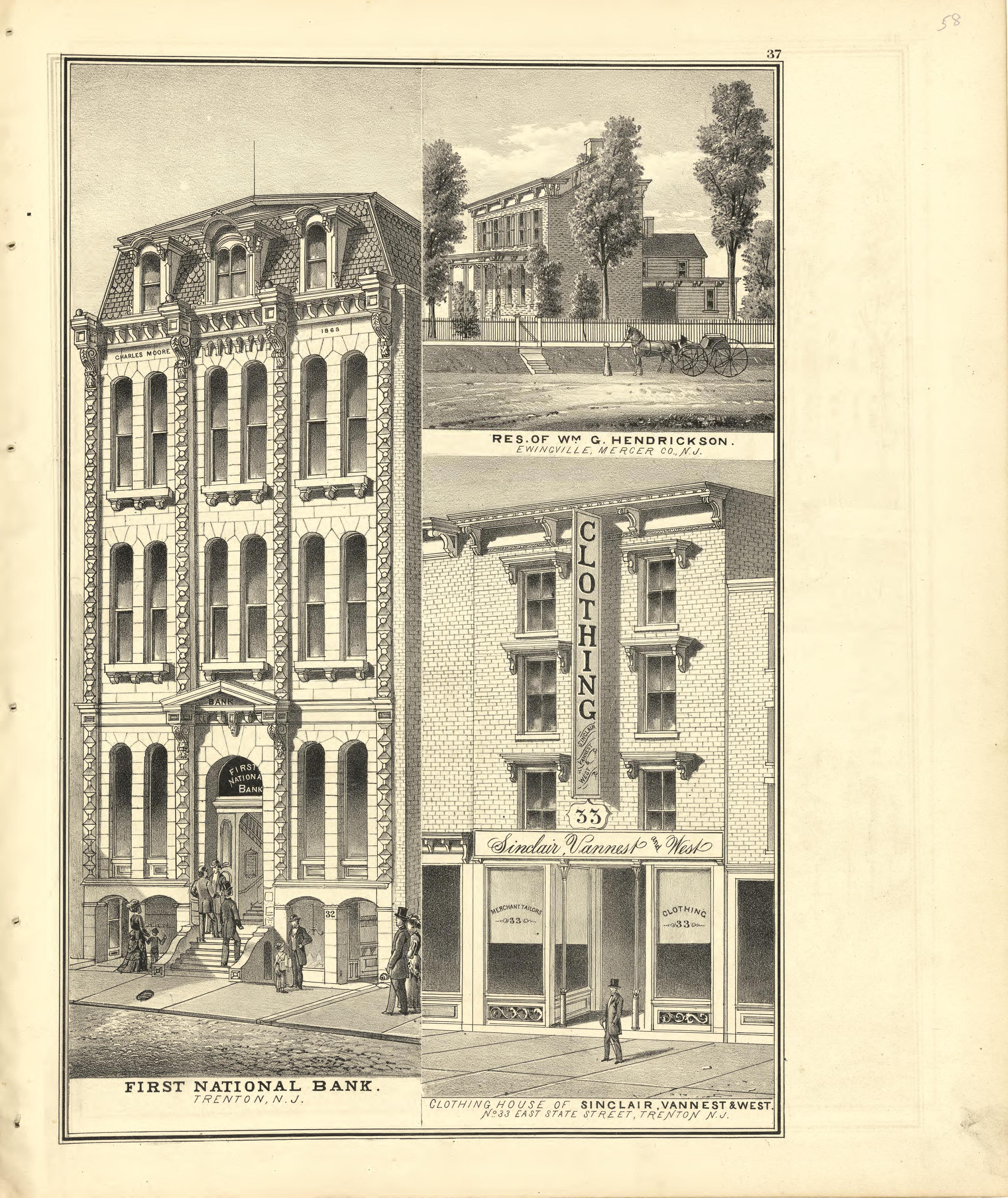 Old Map of , Mercer County, New Jersey [1875] First National Bank; Res ...