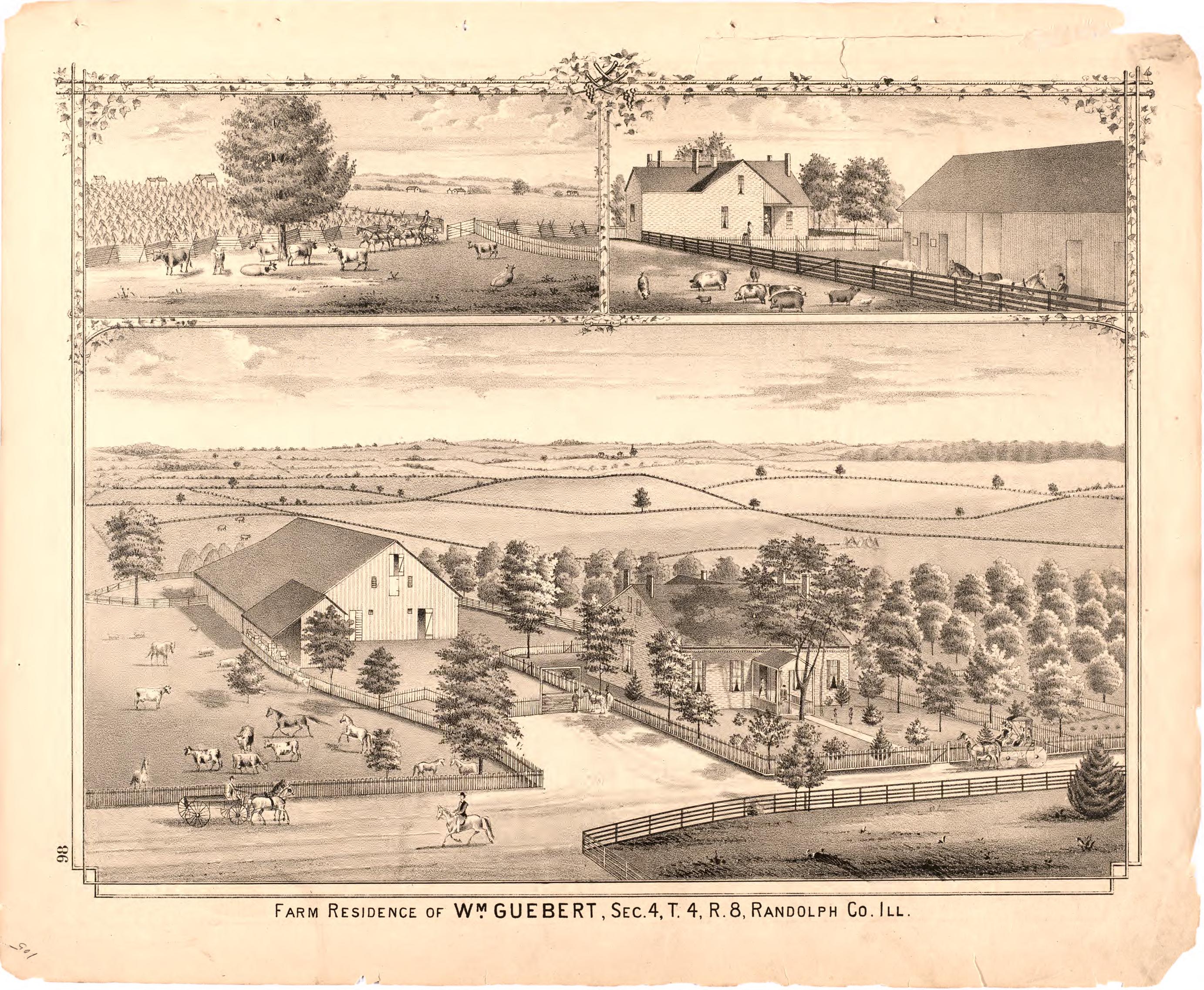 Old Map of Illinois, Randolph County, [1875] Farm Residence of Wm ...