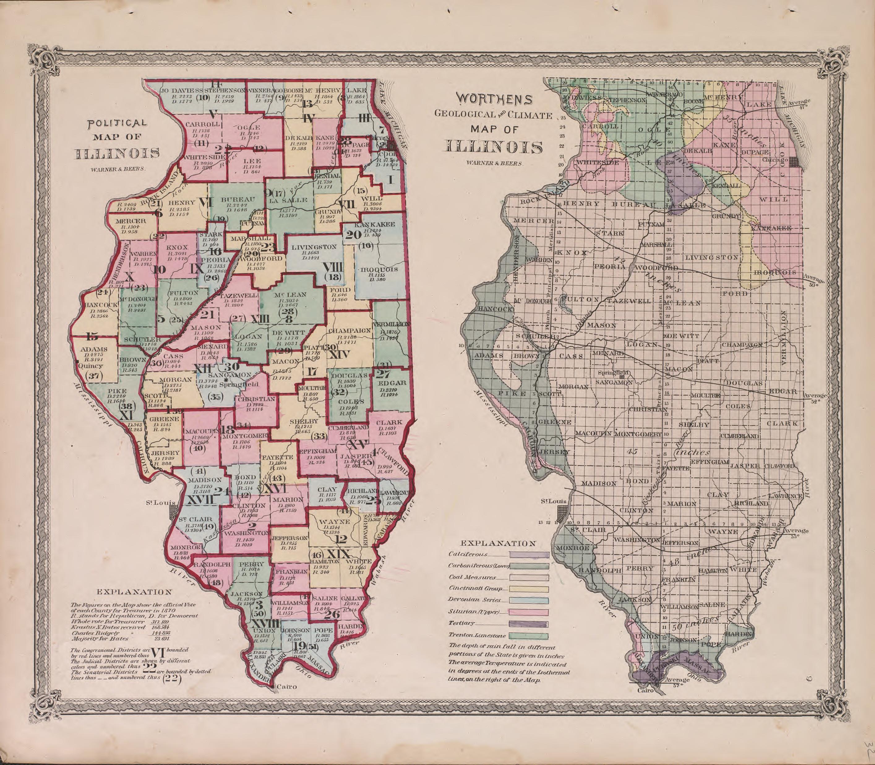 Old Map of Illinois, Marshall County, [1870] Political Map of Illinois ...