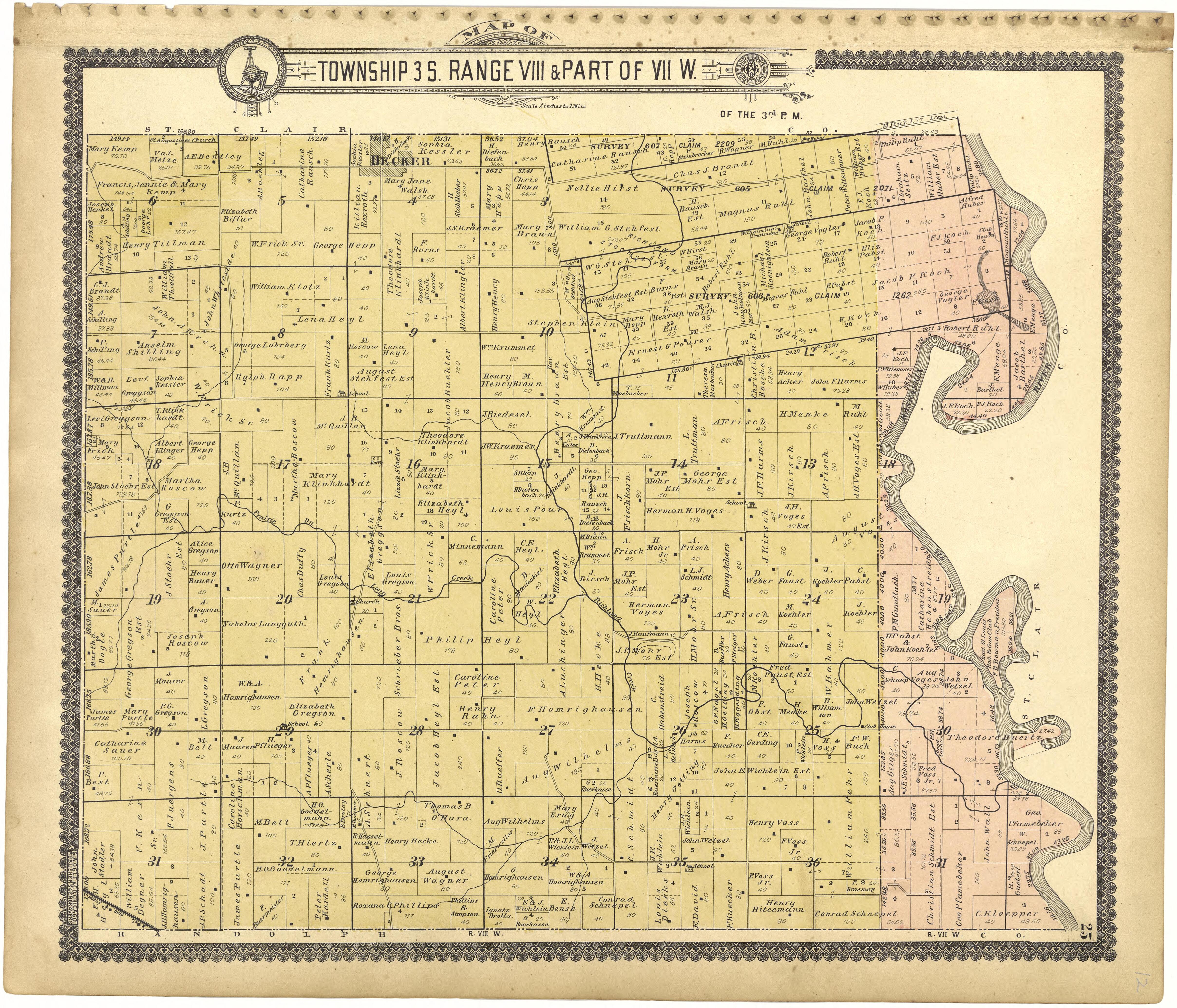 Old Map of Illinois, Monroe County, [1901] Map of Township 3 S. Range ...