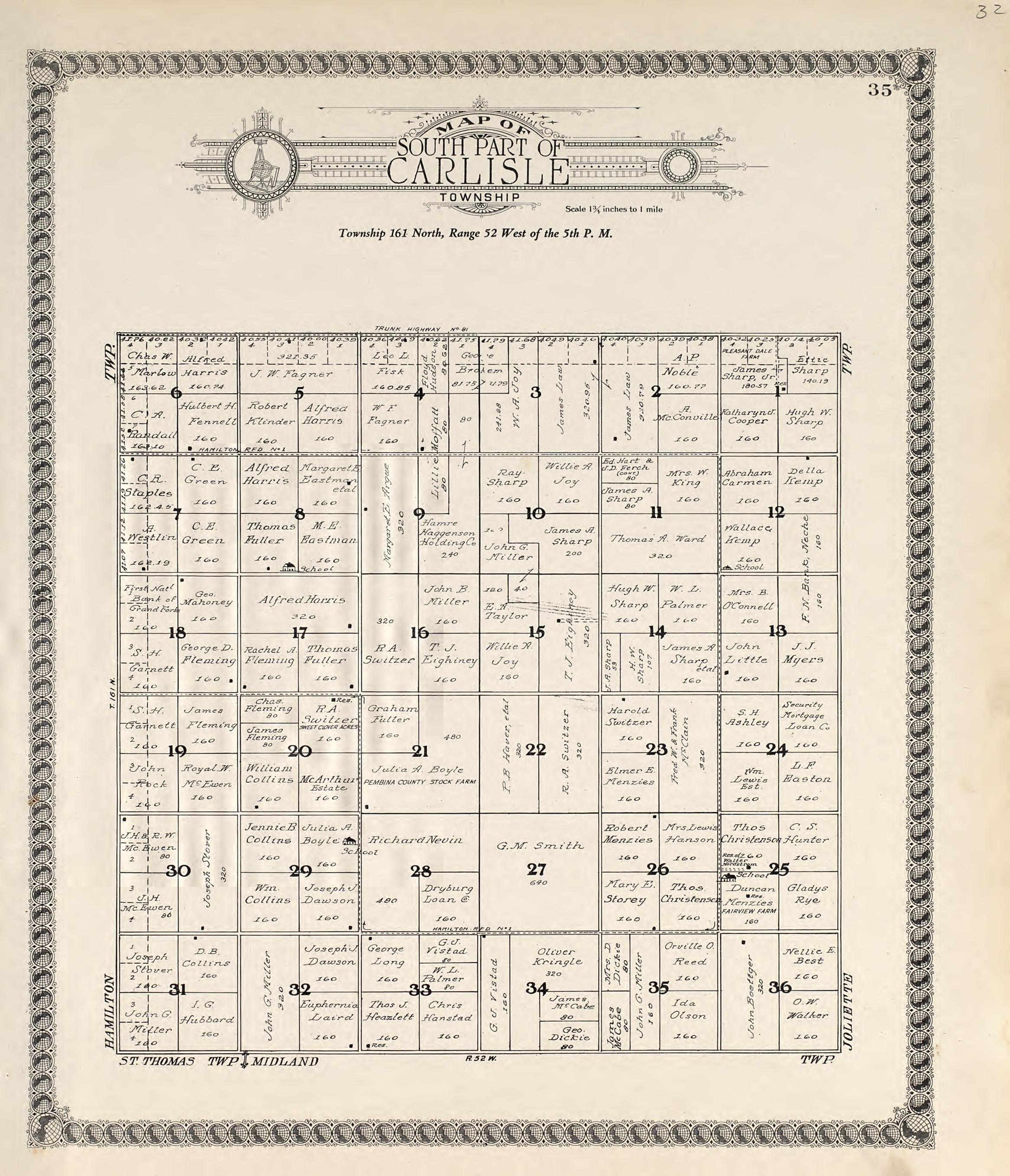Old Map of Pembina County, North Dakota, [1928] Map of South Part of ...