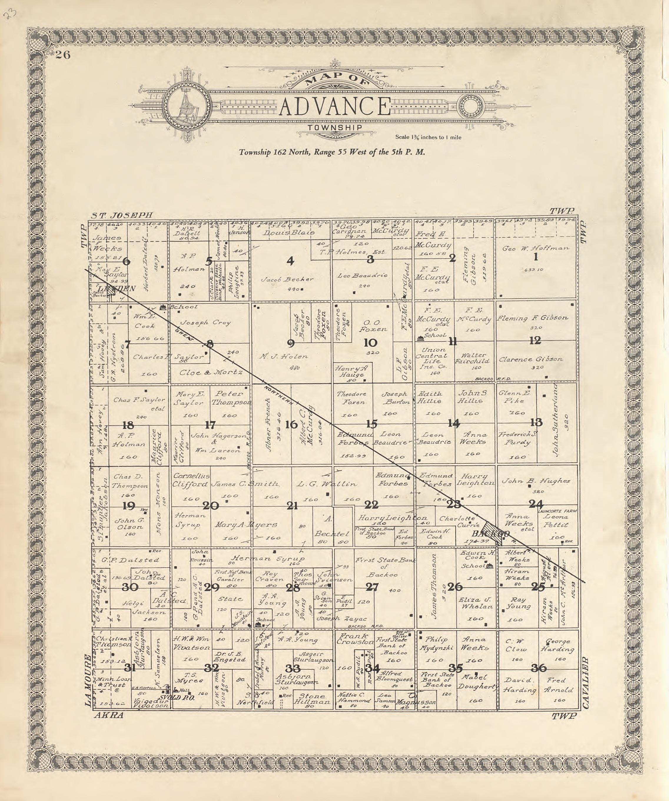 Old Map of Pembina County, North Dakota, [1928] Map of Advance Township ...