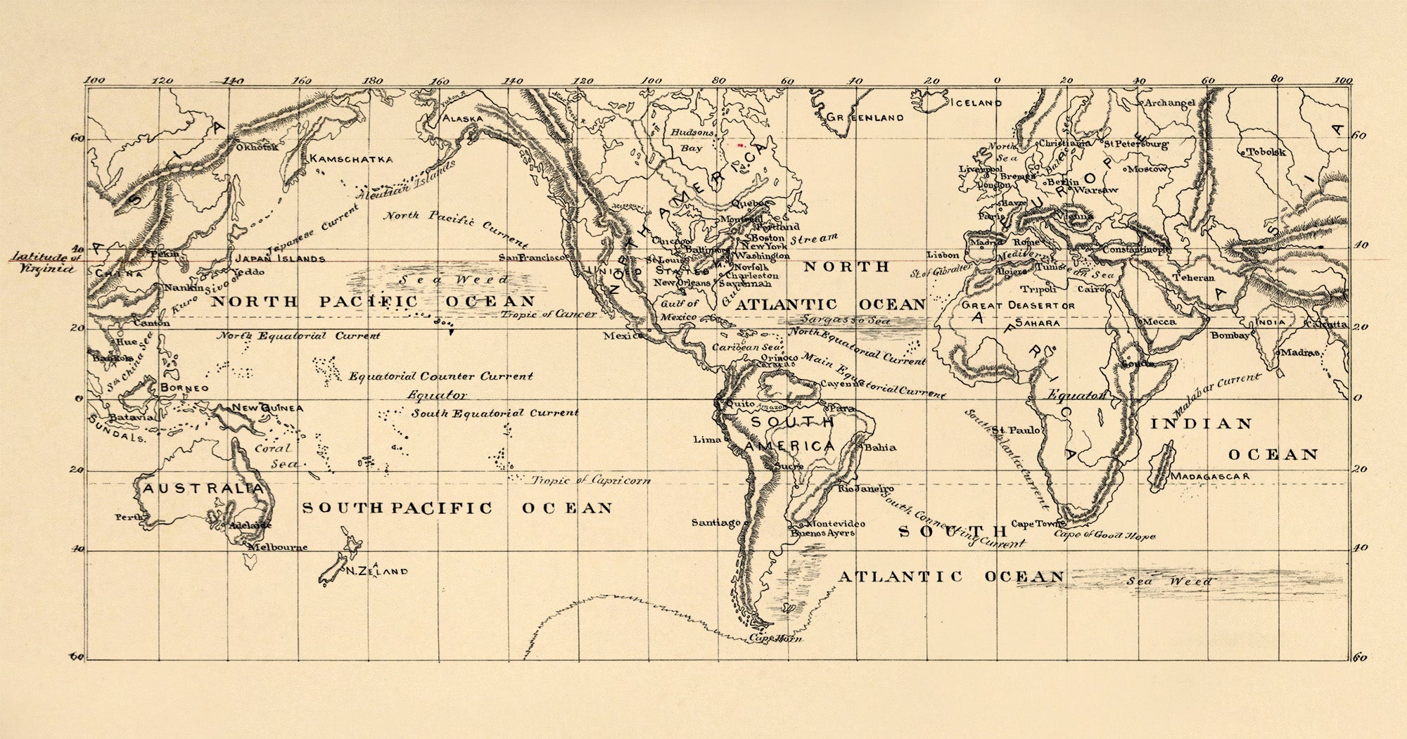 Old Map of Earth [1875] Map of the World On the Mercator Projection ...