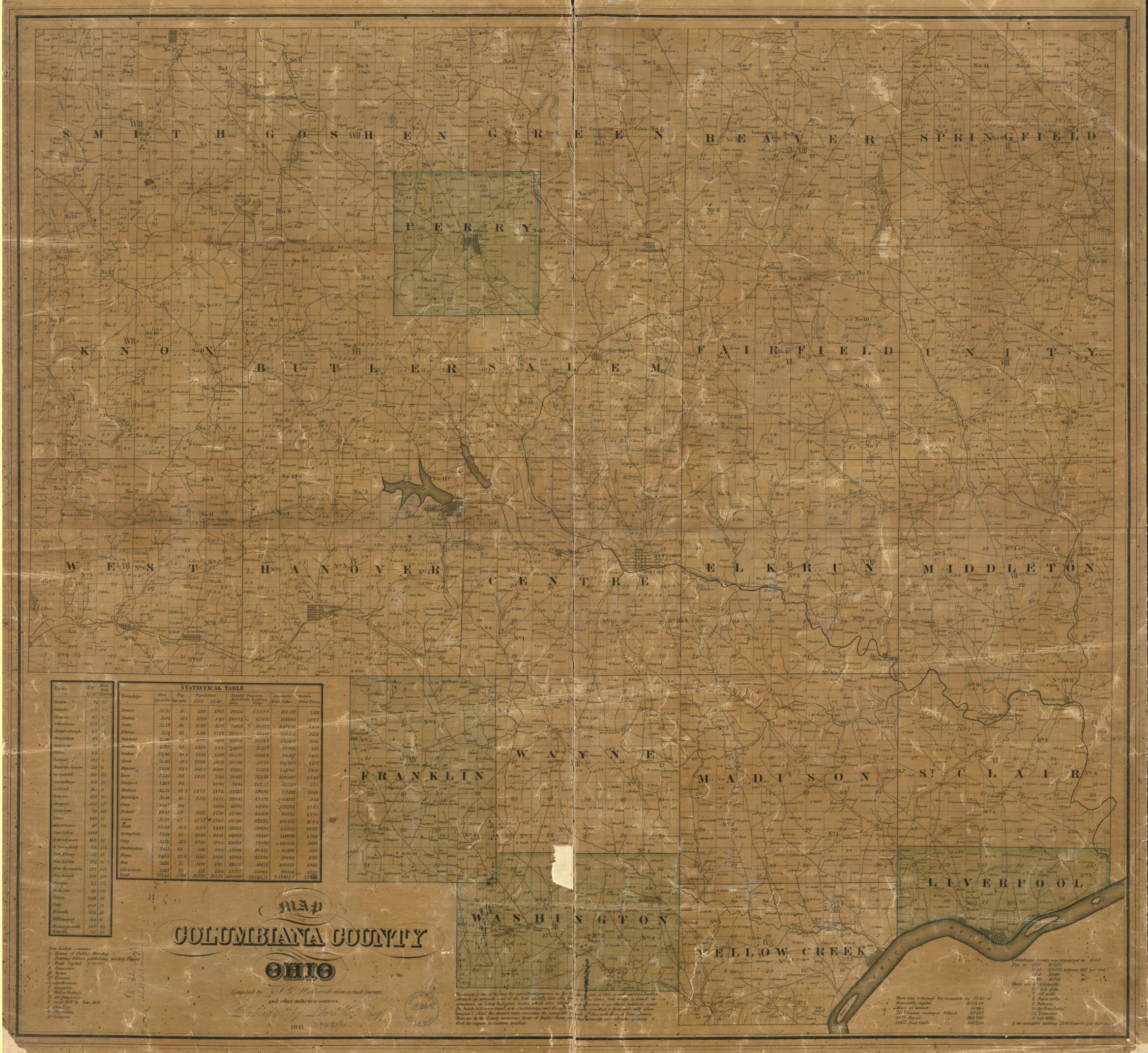 Map of Columbiana County, Ohio from 1841 Old Map Print (29.1 in. x 31.7 ...