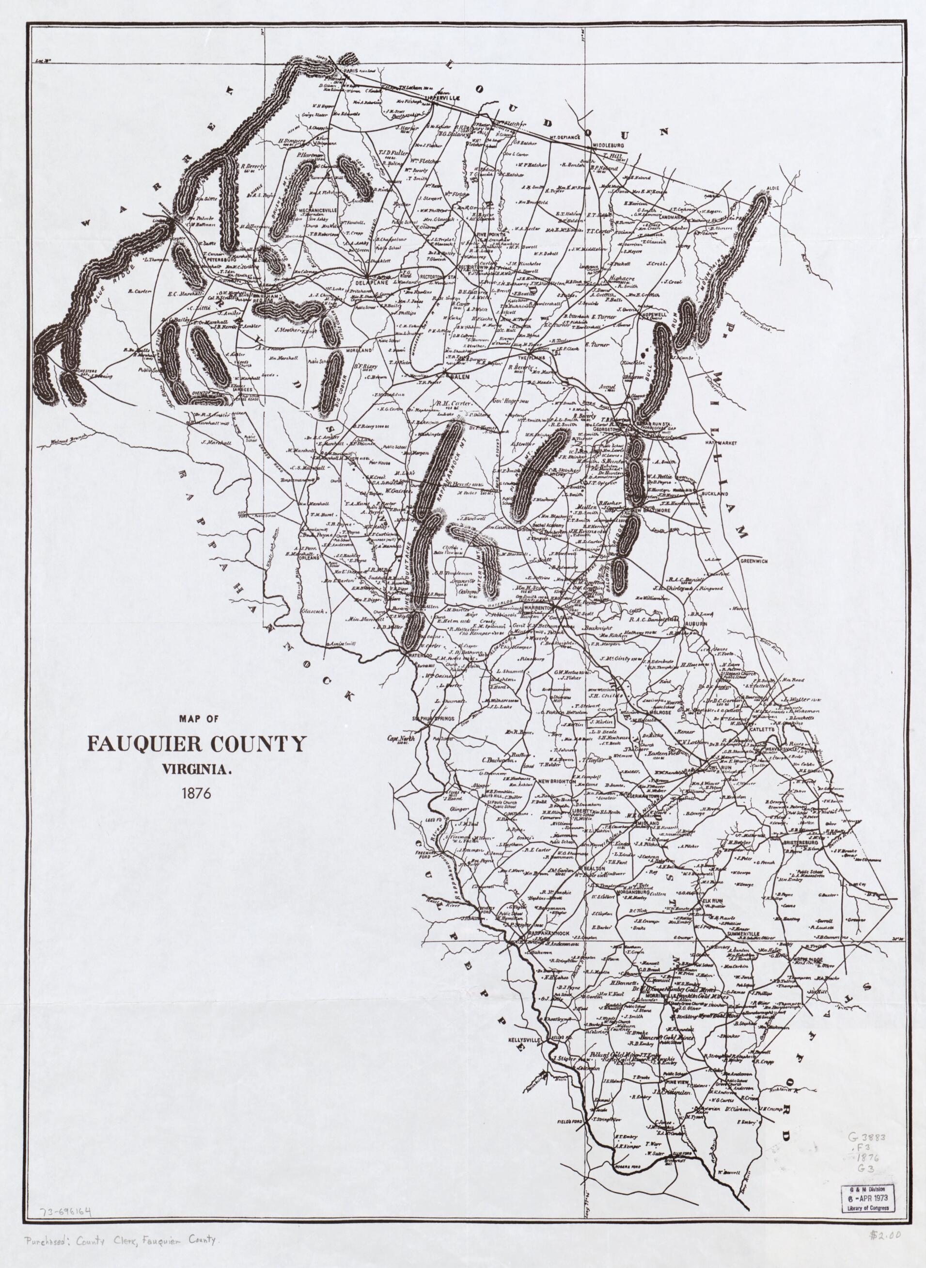 Map of Fauquier County, Virginia from 1876 Old Map Print (32.2 in. x 23 ...