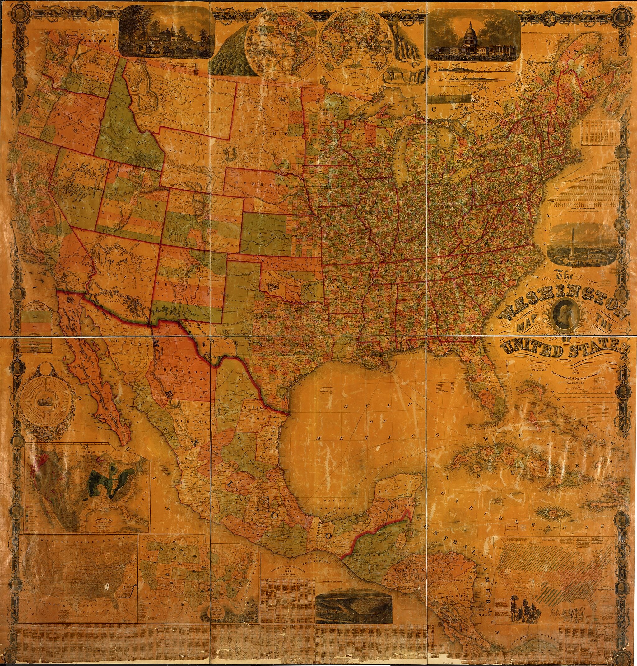 Old Map of North America [1865] The Washington Map of the United States ...