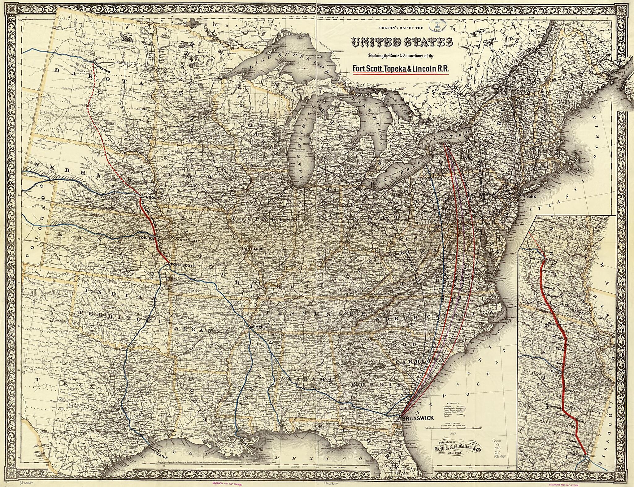 Old Map [1883] Colton's Map of the United States Showing the Route ...