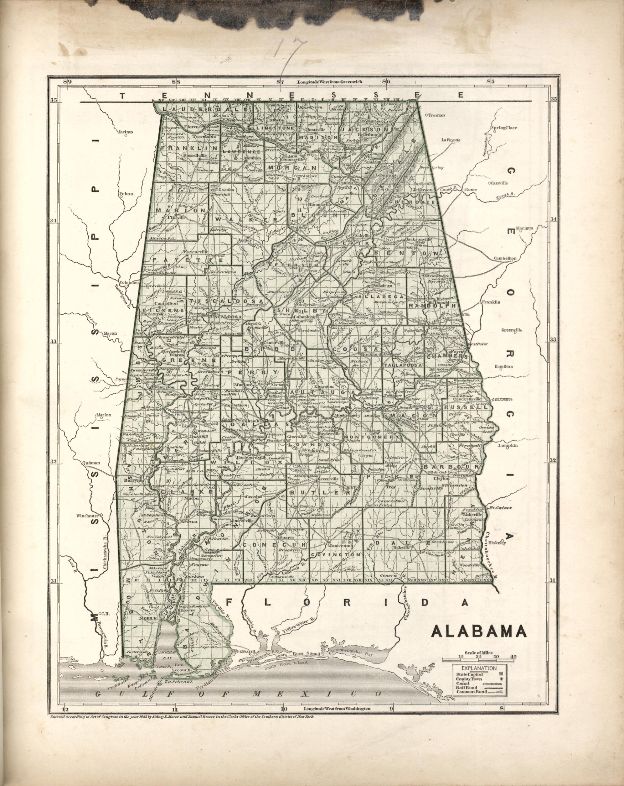 Alabama from Morse's Cerographic Maps from 1842 Old Map Print (22.8 in ...