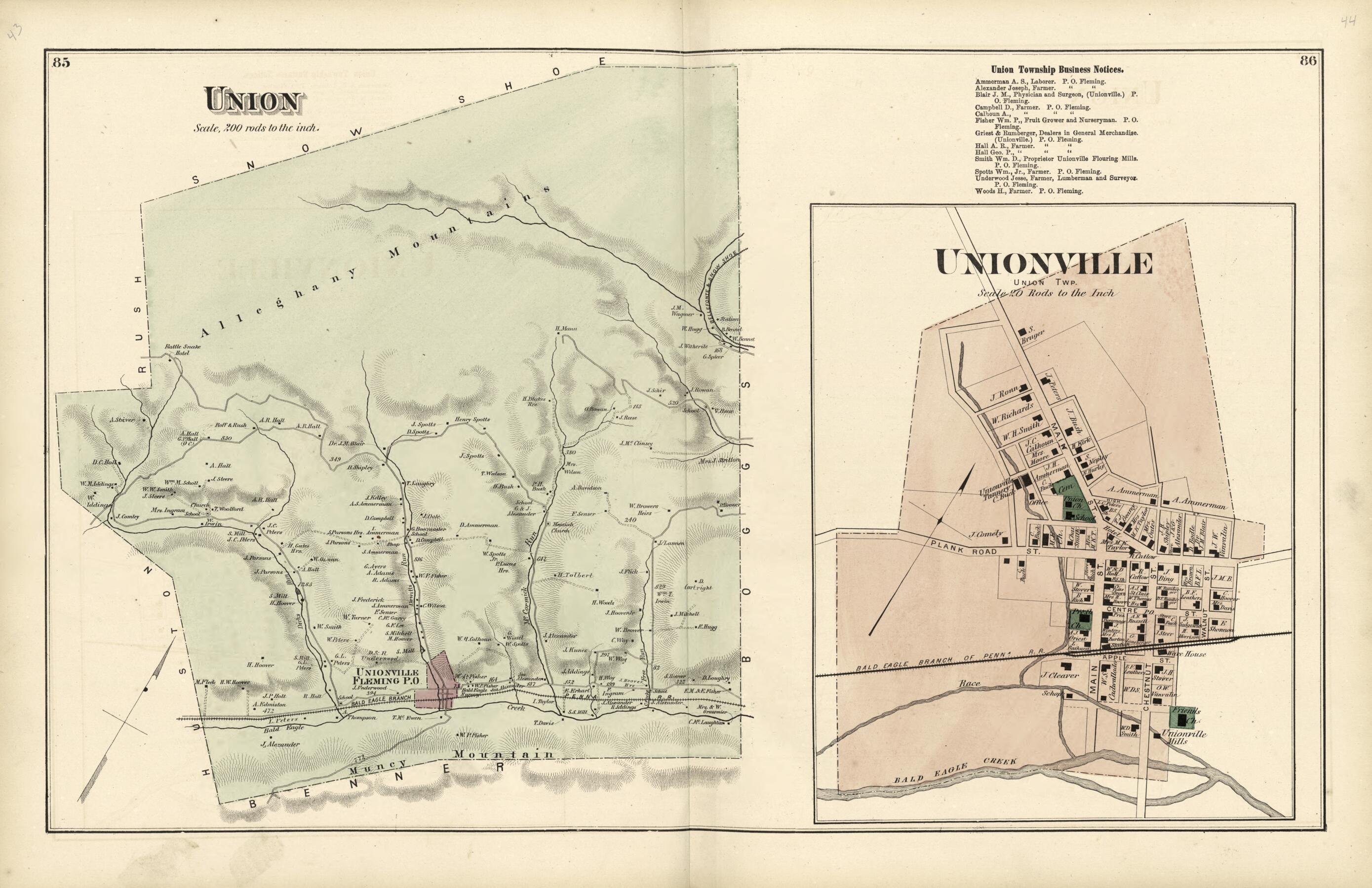 Union; Unionville from Atlas of Centre County, Pennsylvania from 1874 ...