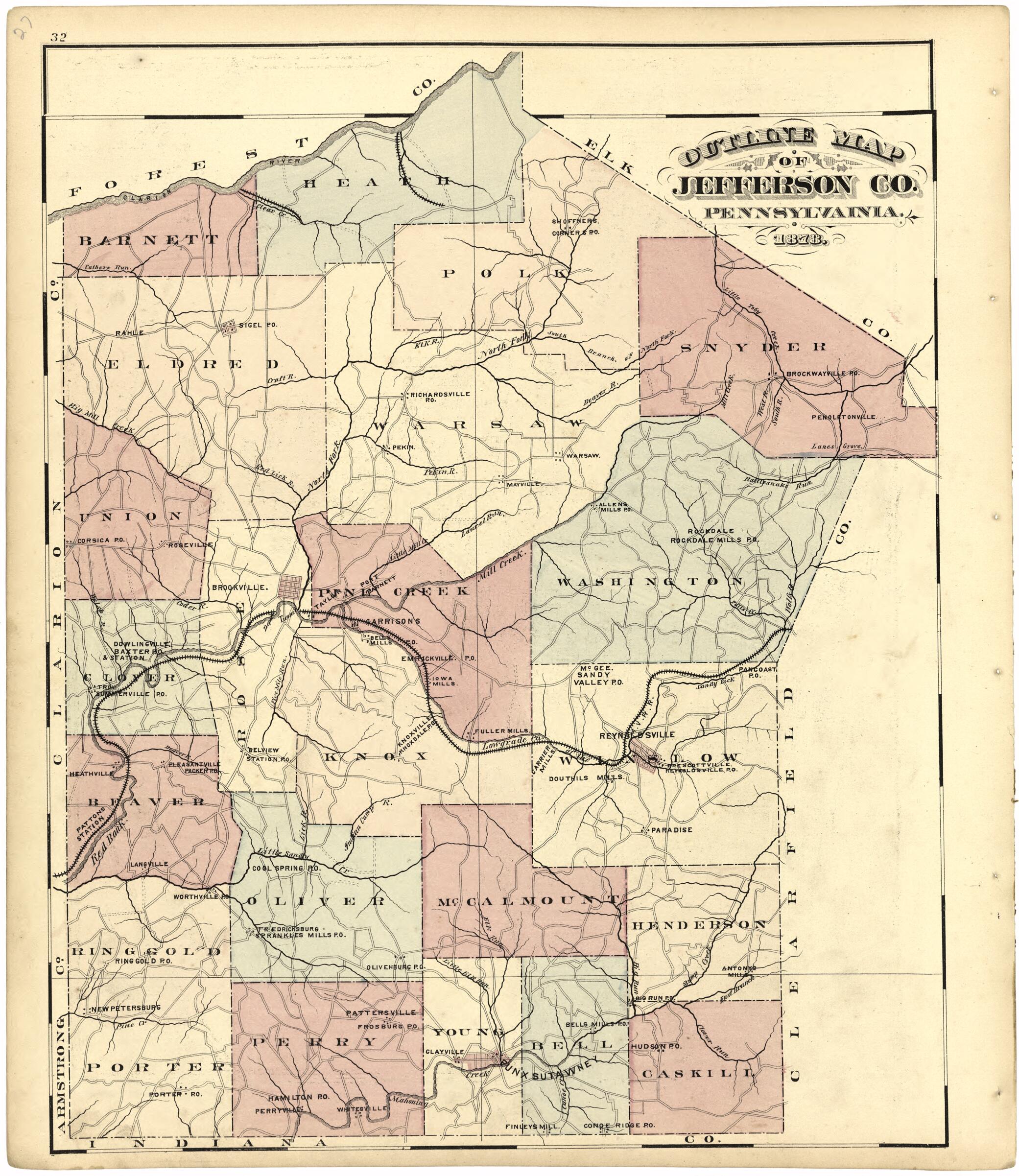 Outline Map of Jefferson Co. Pennsylvania from 1878 from Caldwell's ...