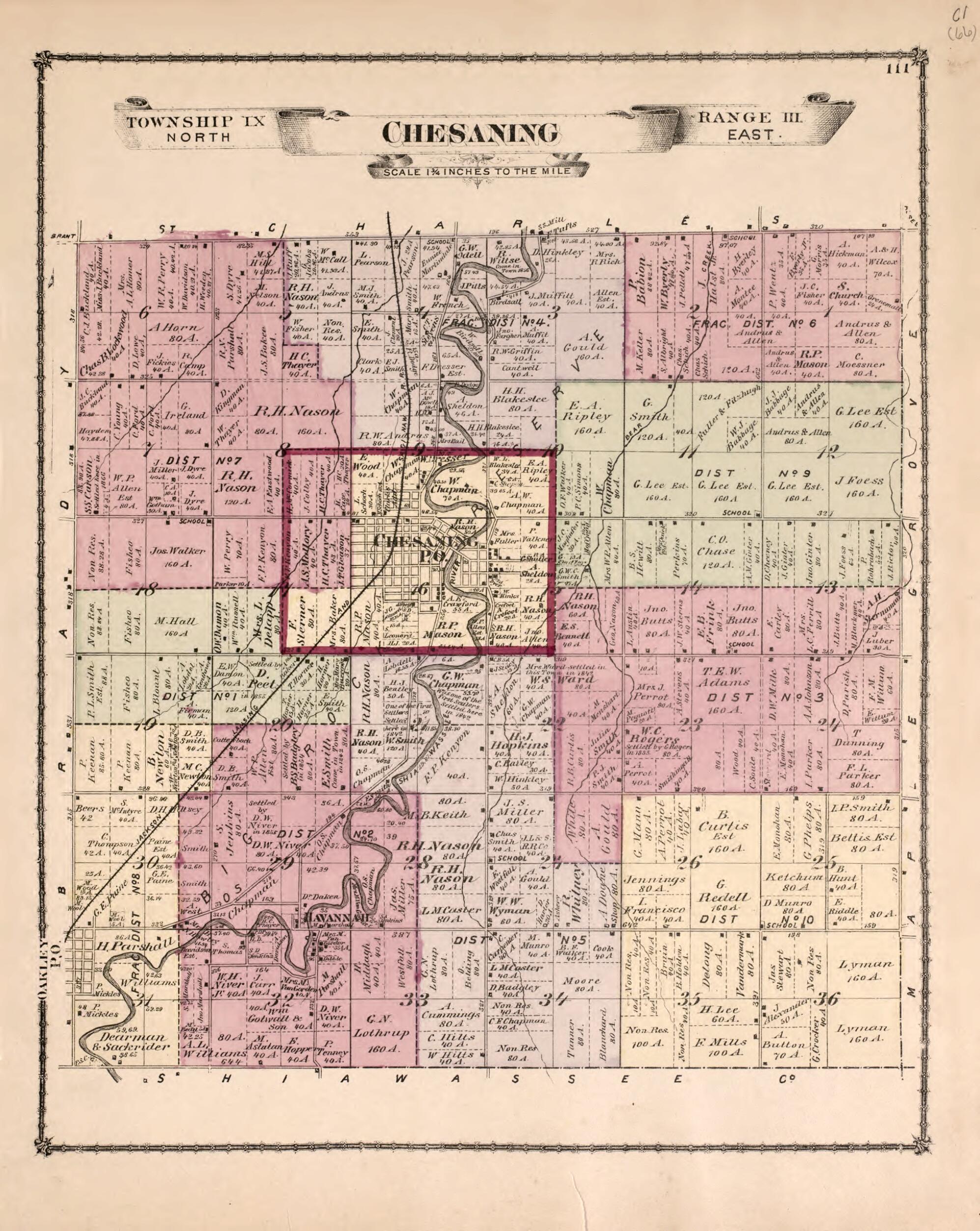 Chesaning Township from Atlas of Saginaw County, Mich from 1877 Old Map ...